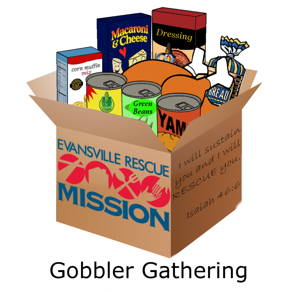 Gobbler Gathering Logo of box stuffed with food | Thy Word Network